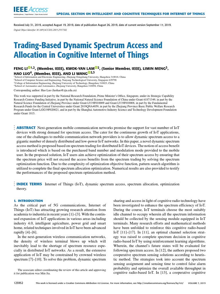 Trading-Based Dynamic Spectrum Access and Allocation in Cognitive Internet of Things | PDF ...