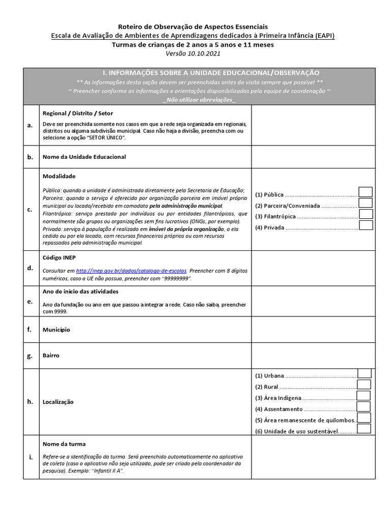 Roteiro de Observação EAPI para Educação Infantil | PDF | Pré-escola ...