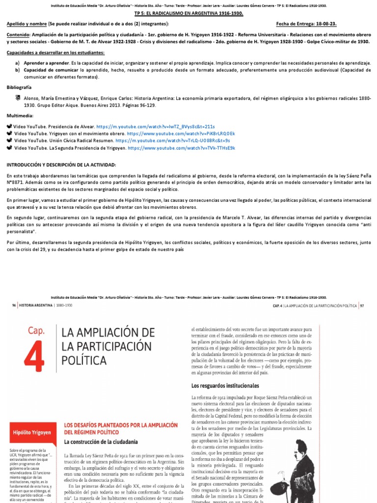 TRABAJO PRACTICO 5 EL RADICALISMO EN ARGENTINA 1916-1930 2023 | PDF ...