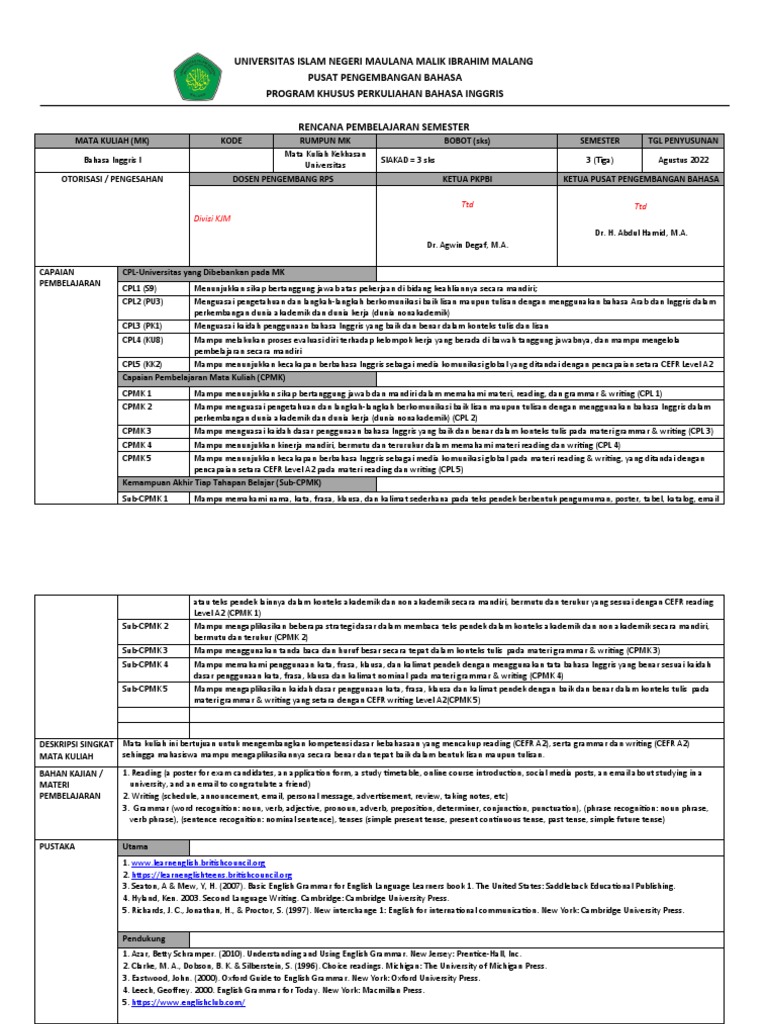 RPS B.ing 1 - Reading Writing | PDF | Seni & Disiplin Bahasa