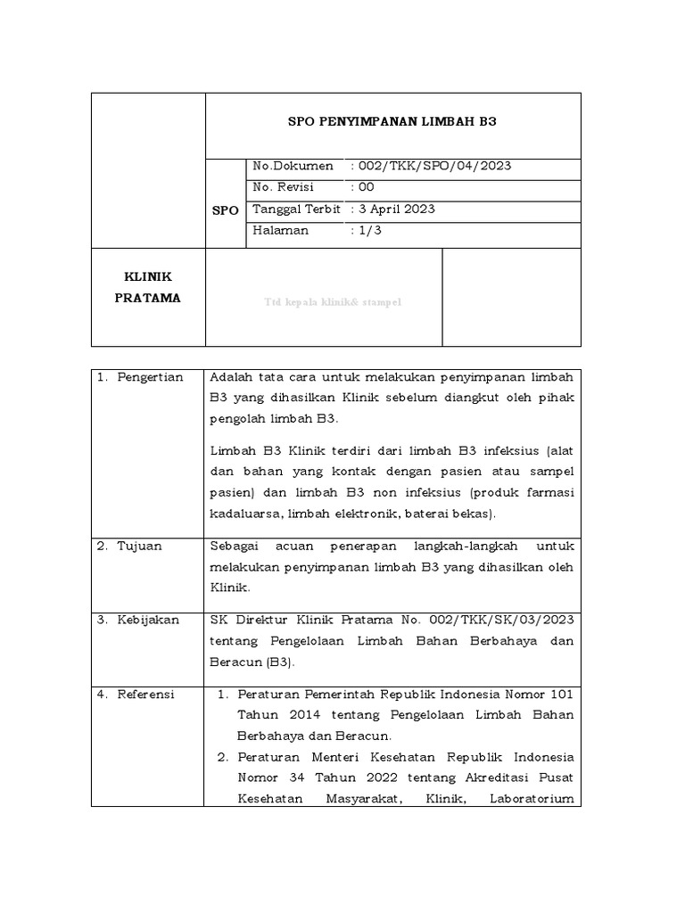 SPO Penyimpanan Limbah B3 | PDF | Sains & Matematika | Teknologi & Rekayasa