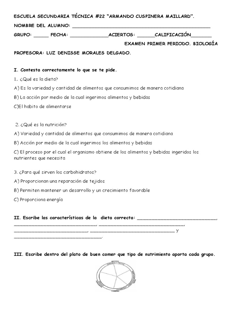 Examen Periodo 1. 2021 | PDF | Alimentos | Dieta