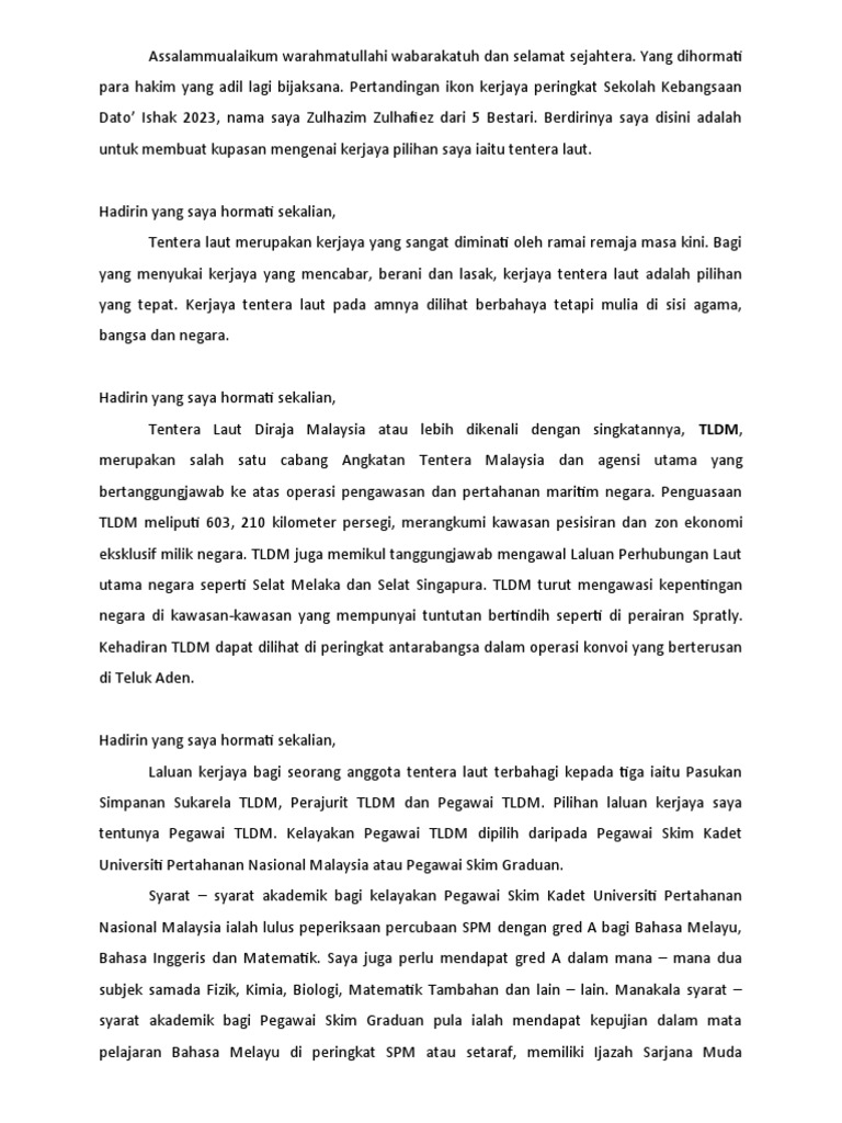 Pidato Hazim - Pertandingan Kerjaya 2023 - Navy | PDF