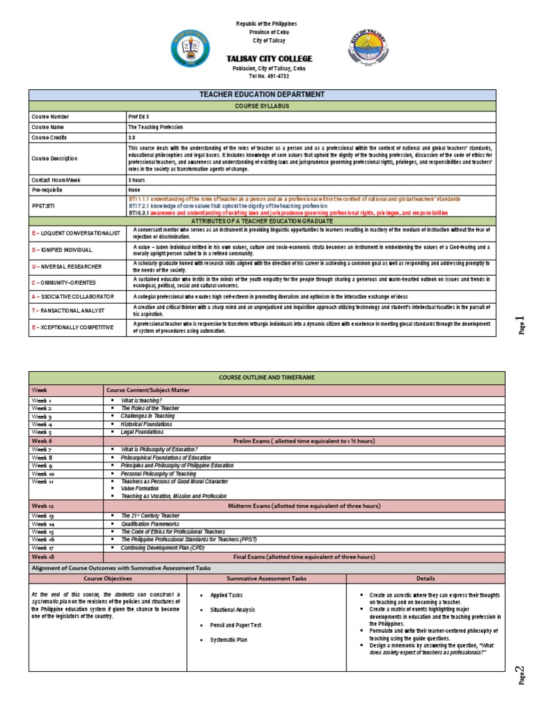 PROF ED 3 - SYLLABUS With BTI | Download Free PDF | Teachers ...