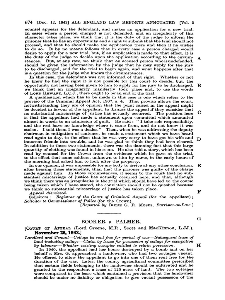 Booker V Palmer - (1942) 2 All ER 674 | PDF