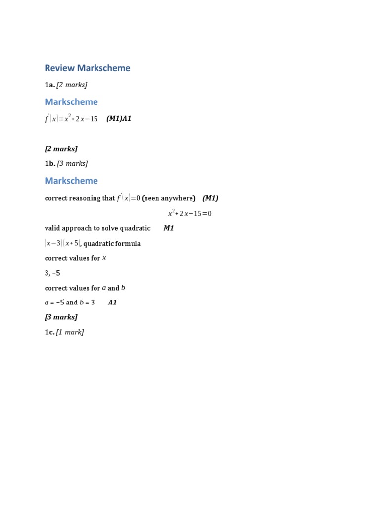 Review Markscheme (5.1 - 5.3 and Past Material) | PDF | Quadratic ...