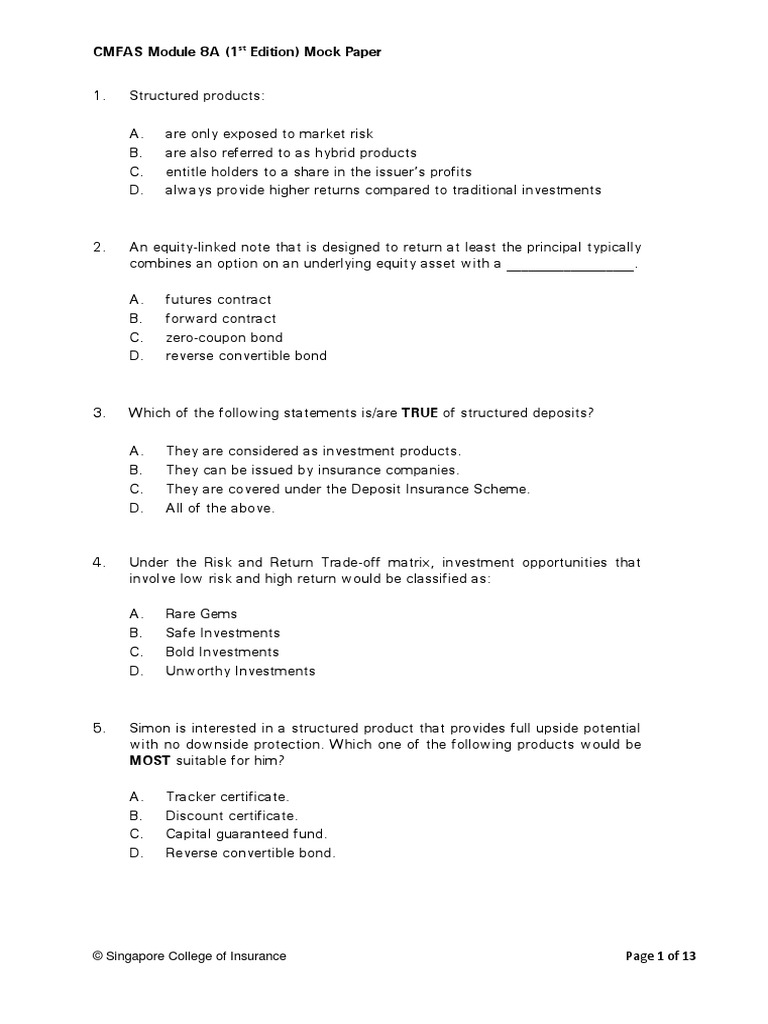 CMFAS Module 8A (1 Edition) Mock Paper: © Singapore College of Insurance | PDF | Exchange Traded ...