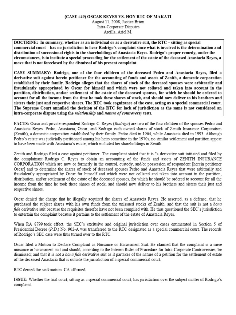 Oscar Reyes vs. Hon. RTC of Makati (Case Digest) | PDF | Lawsuit | Stocks