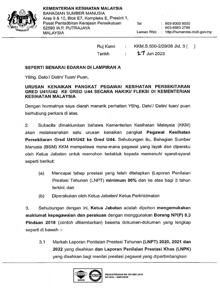 Surat Dan Borang Naik Pangkat Pegawai Kesihatan Persekitaran Gred u41 u42 Ke Gred u44 | PDF
