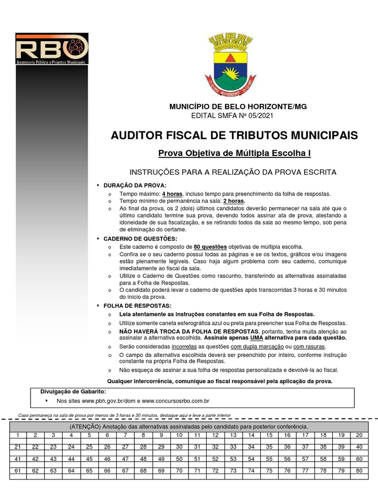 Rbo 2022 Prefeitura de Belo Horizonte MG Auditor Fiscal de Tributos ...