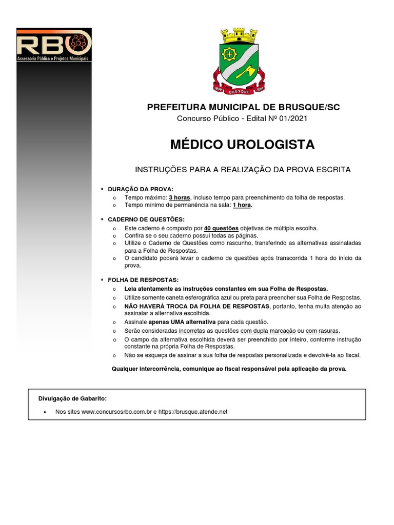 Rbo 2021 Prefeitura de Brusque SC Medico Urologista Prova | PDF | Saúde ...