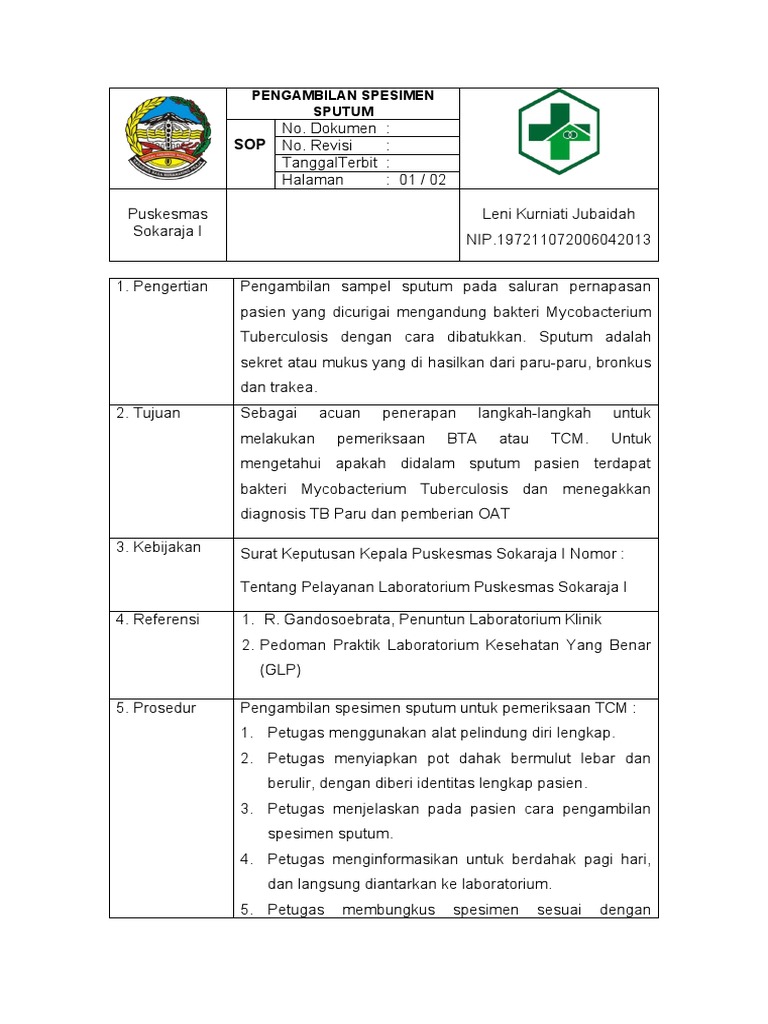 Sop Pengambilan Spesimen Sputum | PDF