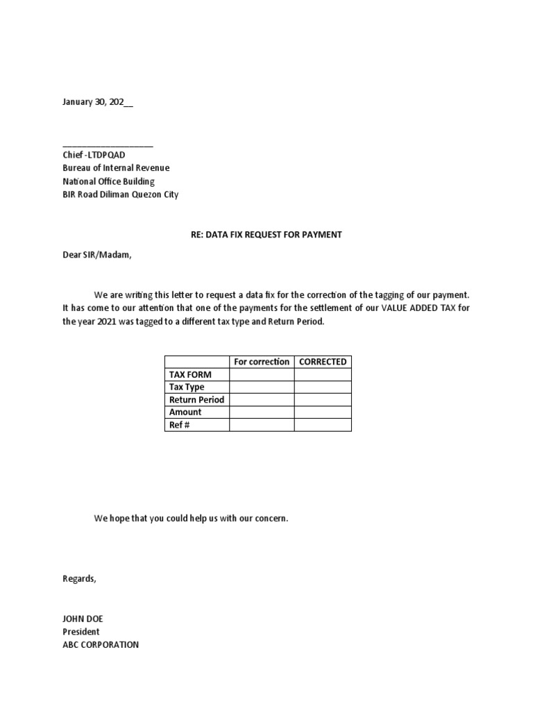 Letter of Request for Data Fix | PDF