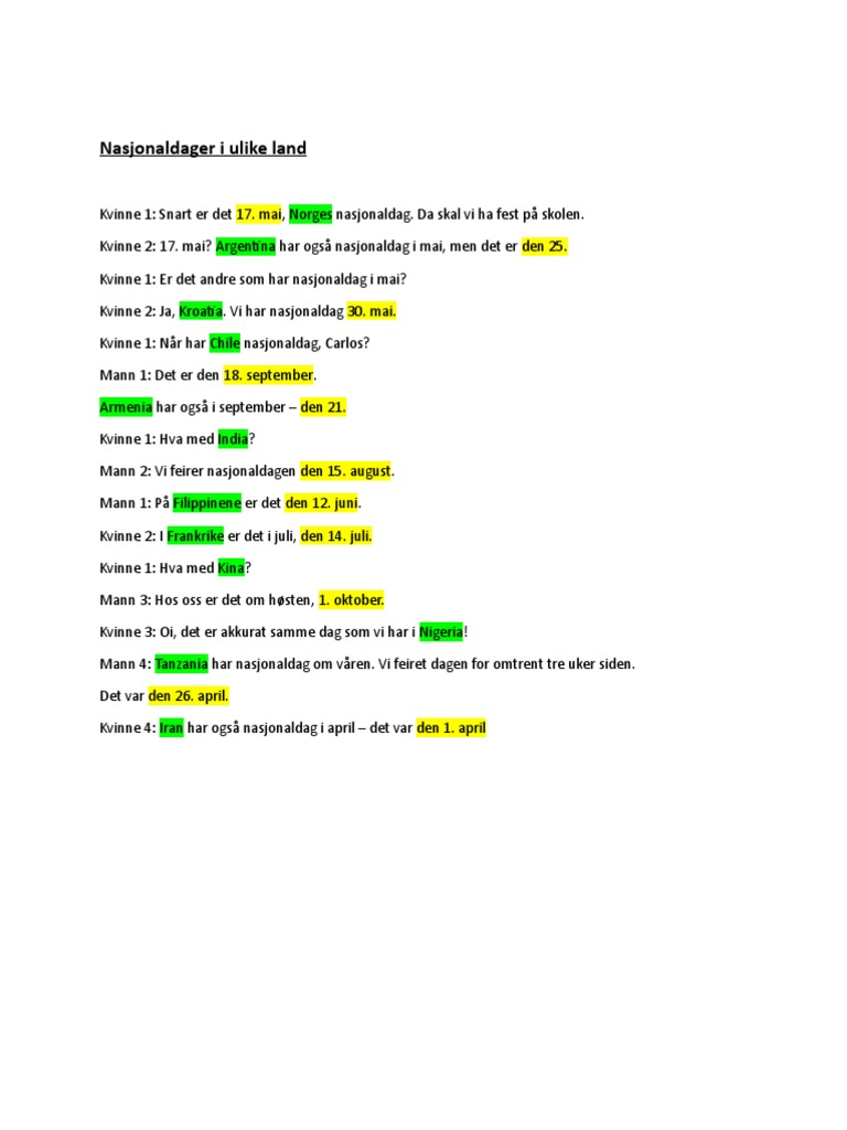 Nasjonaldager I Ulike Land | PDF