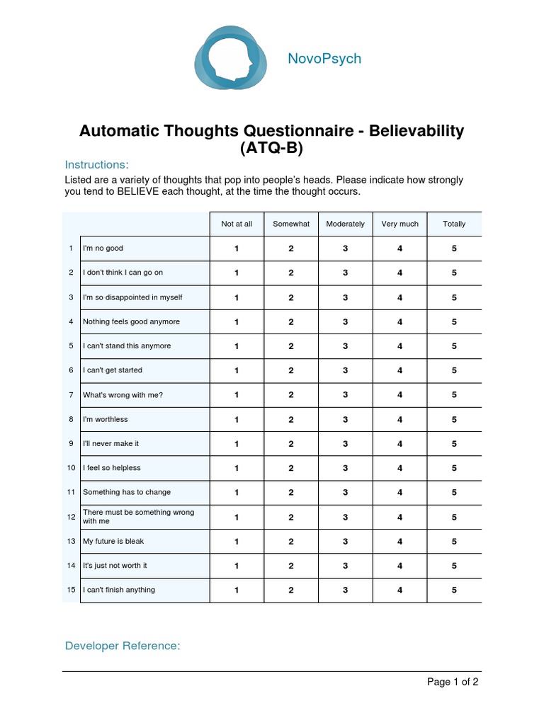 Automaic Thoughts Questionnaire - Believability (ATQ-B) | PDF | Psychology | Psychological Concepts