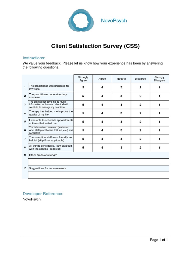 Client Satisfaction Survey for Therapy | PDF | Psychology