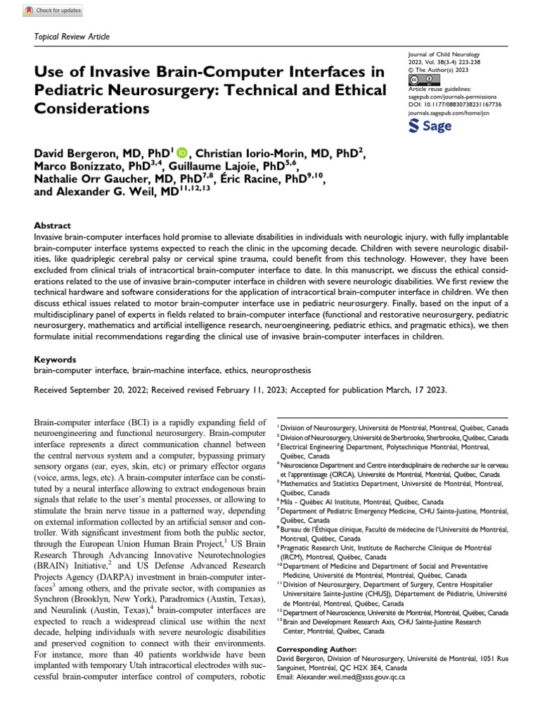 Bergeron Et Al 2023 Use of Invasive Brain Computer Interfaces in Pediatric Neurosurgery ...
