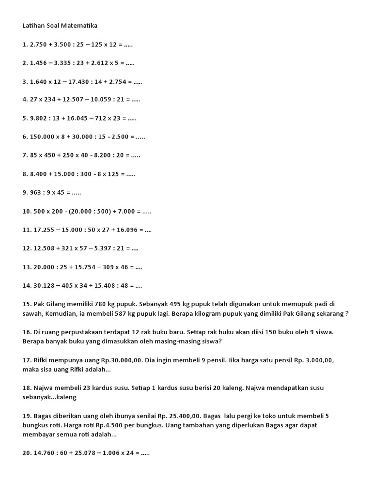 Latihan Soal Matematika Bilangan Cacah | PDF