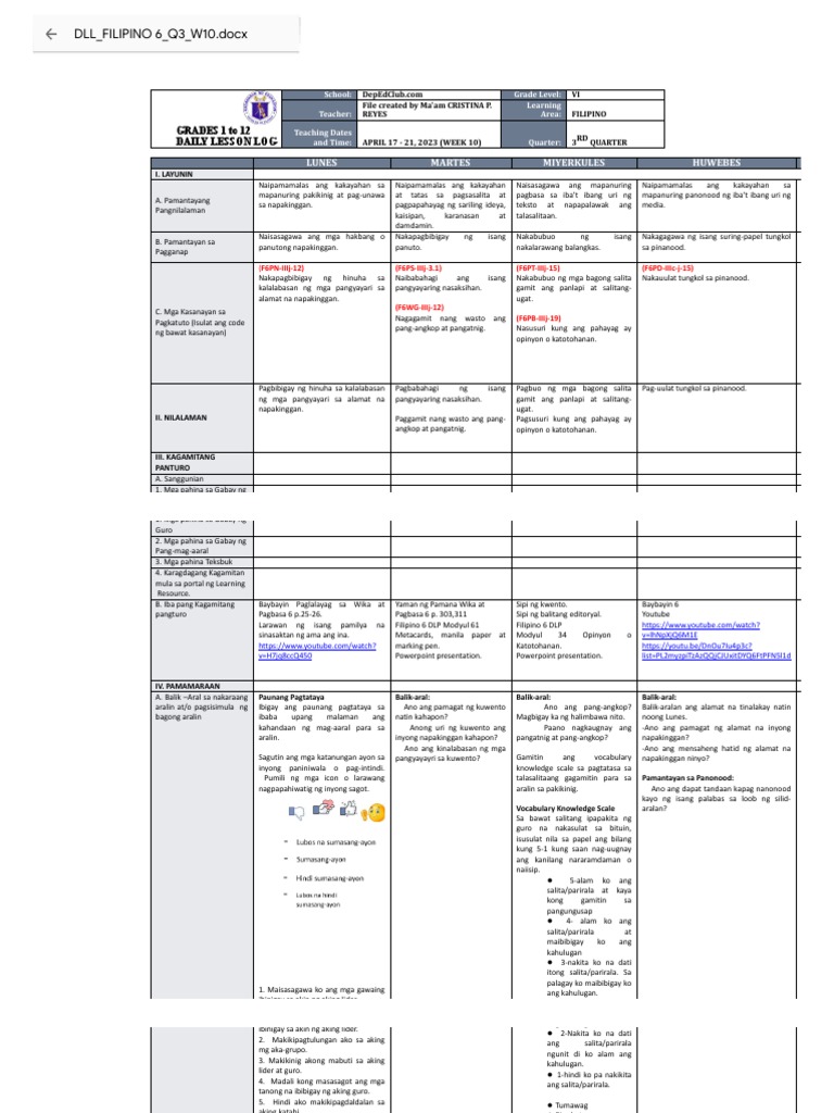 DLL - Filipino 6 - Q3 - W10 | PDF