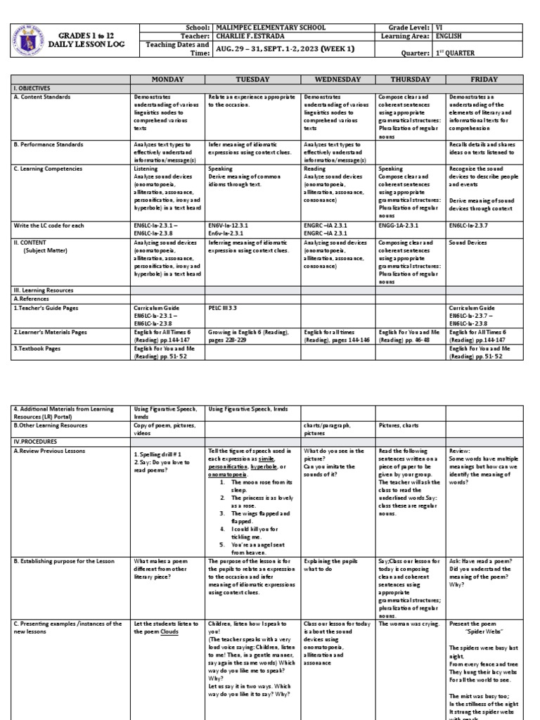 Dll English 6 Q1 W1 Pdf English Language Poetry