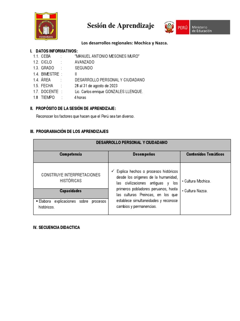 Sesiòn de Aprendizaje Eba 1° Iii B | PDF | Perú | Aprendizaje