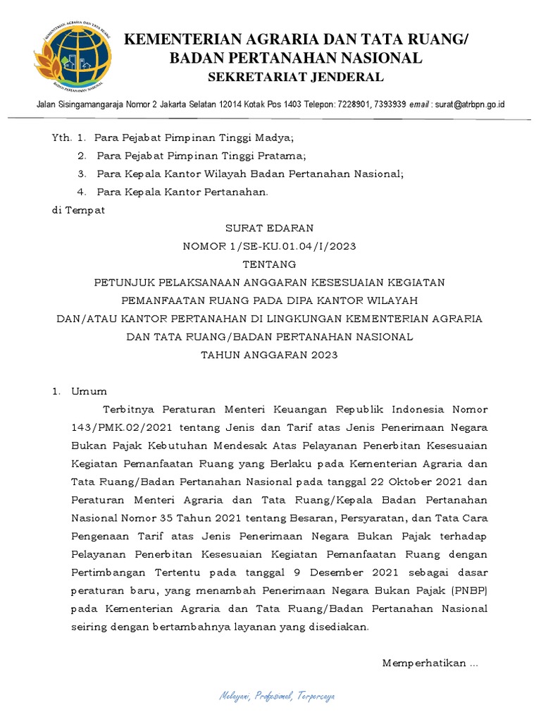 1 - SE Sekjen Tentang Petunjuk Pelaksanaan Anggaran KKPR 2023 | PDF