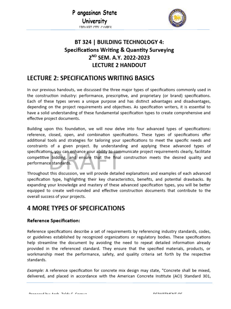 BT 324 Lecture 2 - Handout | PDF | Specification (Technical Standard) | Tile