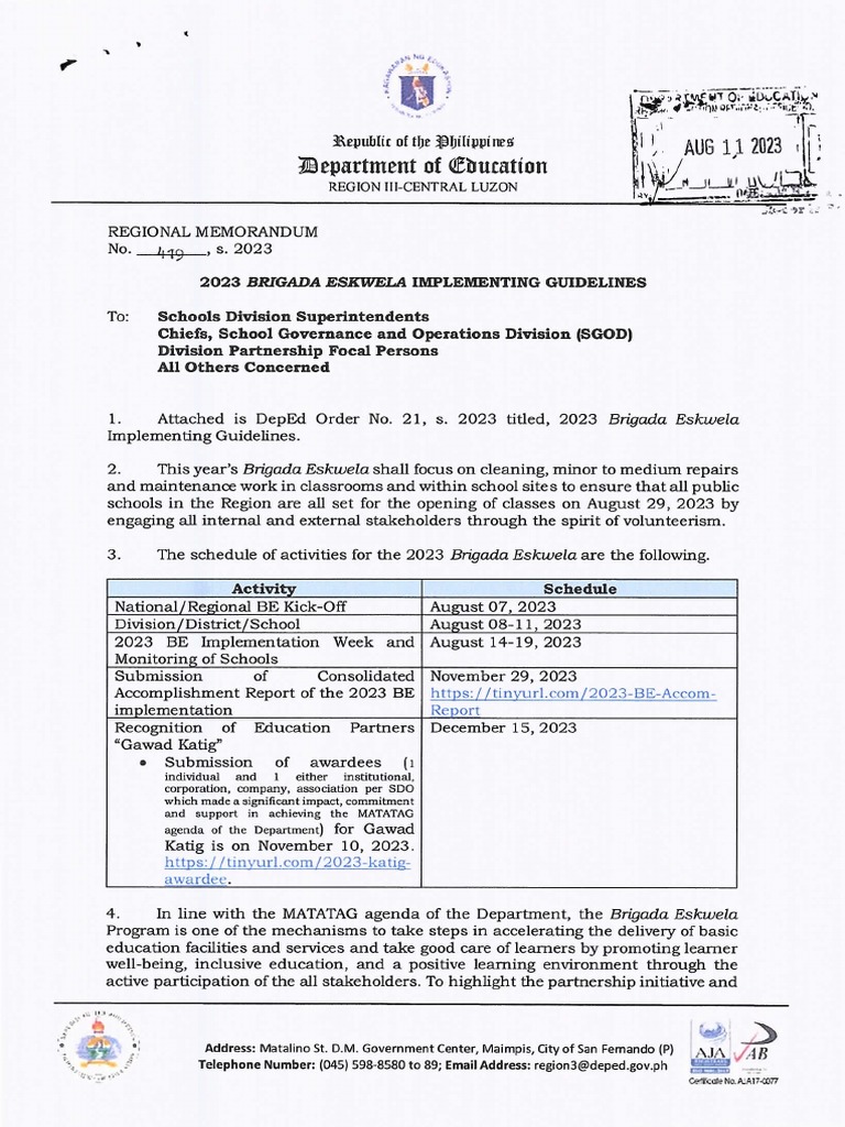 RM No. 419, s.2023 - 2023 Brigada Eskwela Implementing Guidelines | PDF