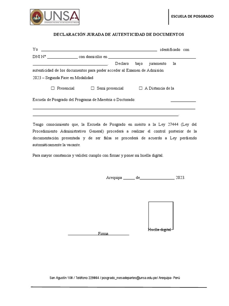 Declaracin Jurada de Autenticidad de Documentos 2023 II | PDF