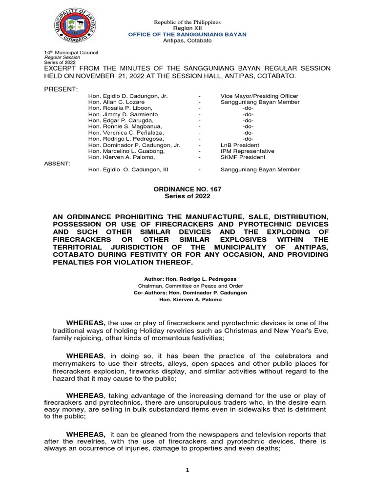 167-Firecracker Ordinance | PDF | Fireworks | Local Ordinance