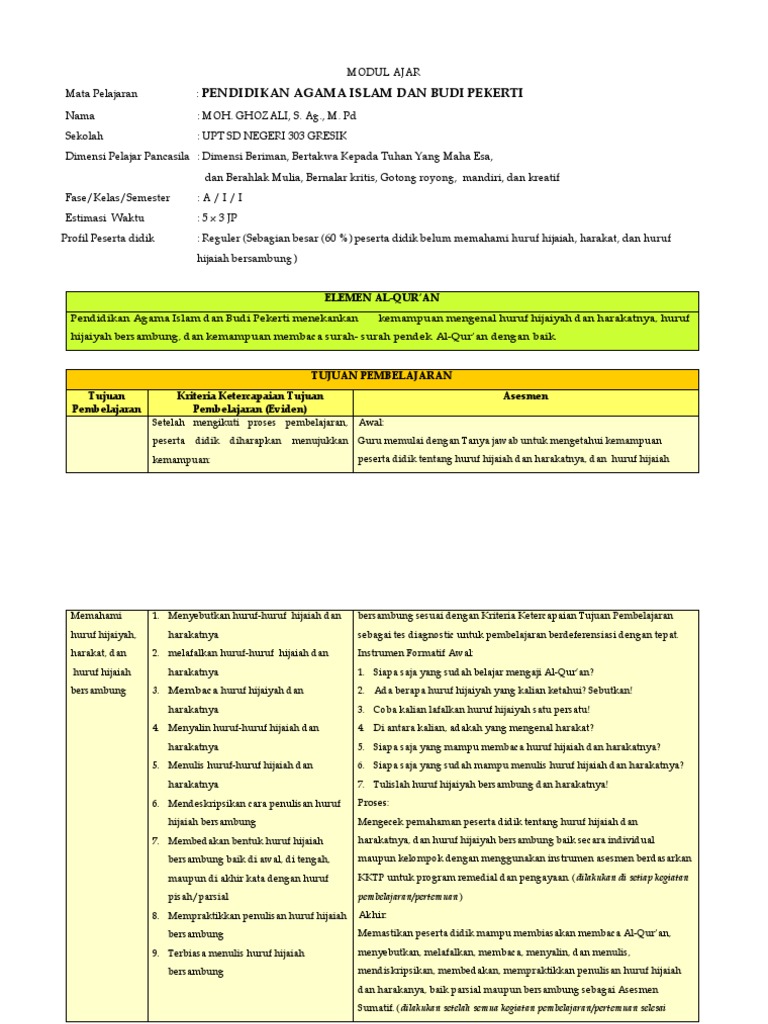 Modul Ajar Huruf Hijaiyah Kelas 1 SD | PDF | Seni & Disiplin Bahasa