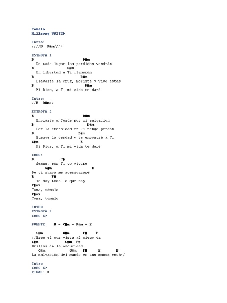 Letra y acordes de "Tómalo" de Hillsong | PDF