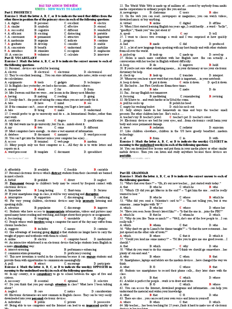 Bai Tap Bam Sat Tieng Anh 10 Unit 8 | PDF | Learning Styles | Learning
