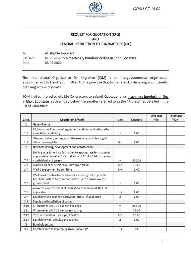 NG20!20!0159 RFQ Borehole Drilling | PDF | Casing (Borehole) | Procurement