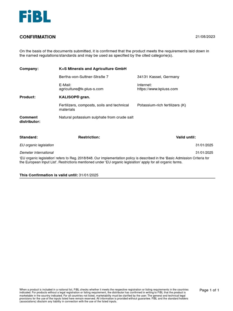 KaliSOP Organic FiBL Certificate | PDF | European Union