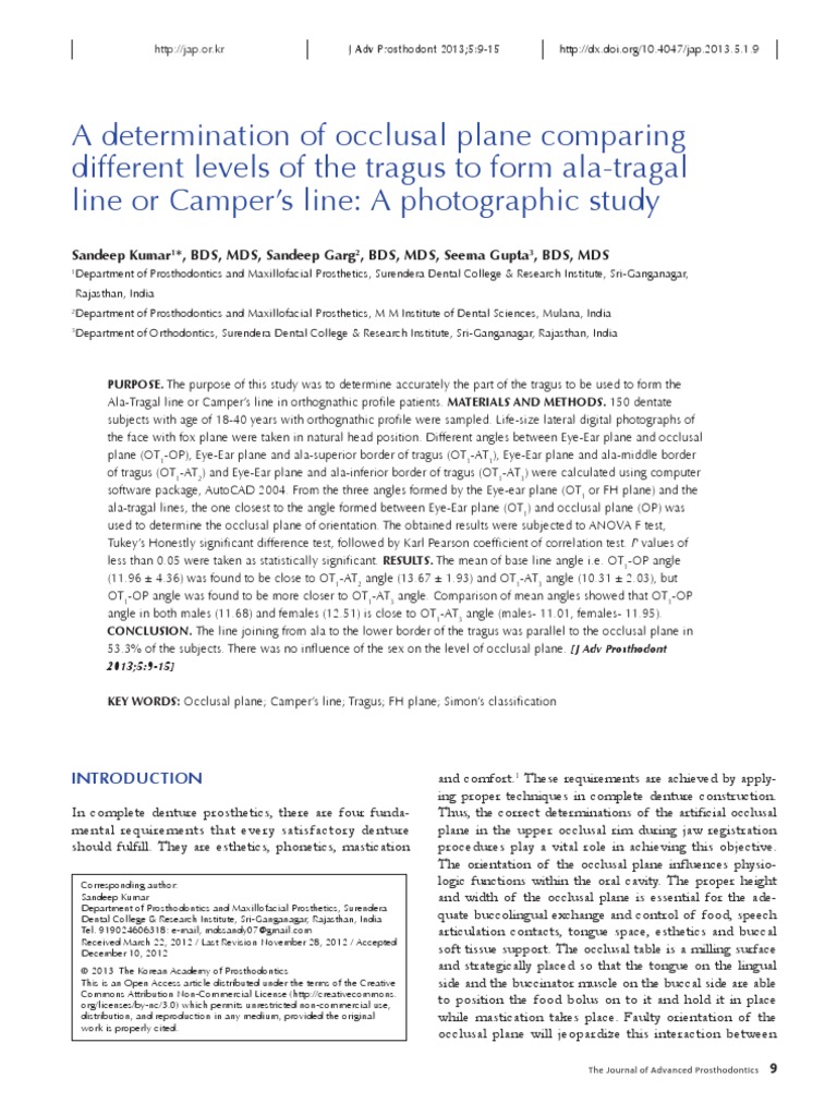 A Determination of Occlusal Plane Comparing Different Levels | PDF ...