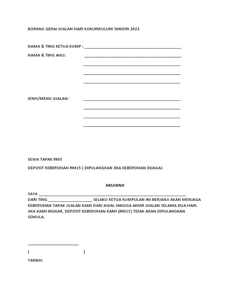 Borang Gerai Jualan Hari Kokurikulum | PDF