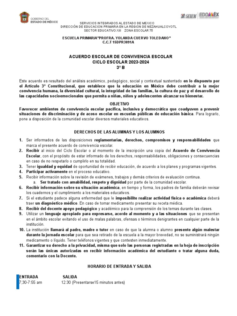 Acuerdo De Convivencia Escolar Pdf Educación Primaria