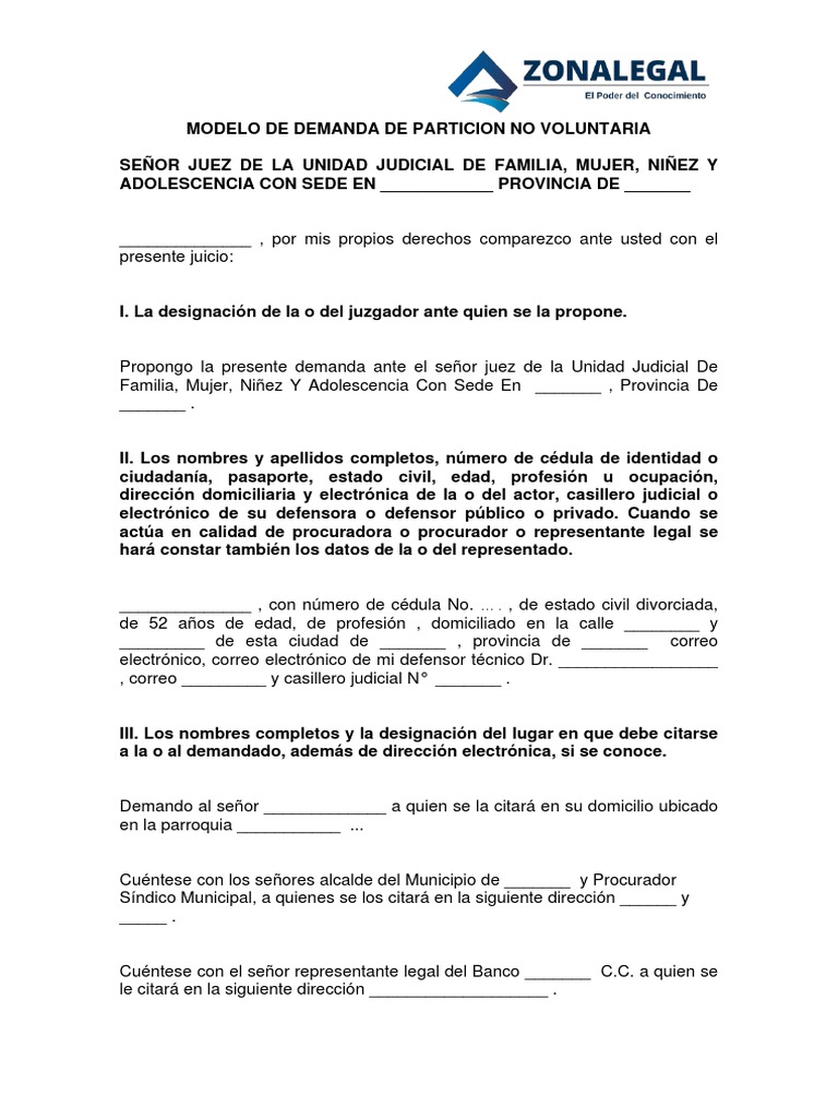 Demanda de Partición No Voluntaria | PDF | Divorcio | Demanda judicial