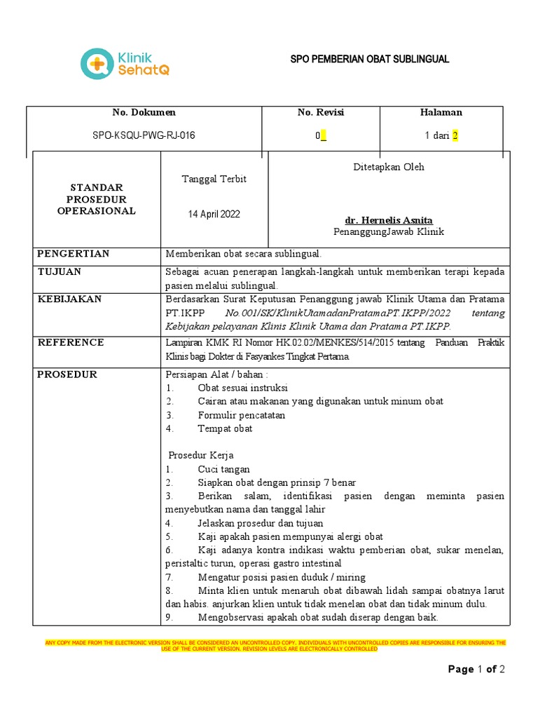 FORMAT SPO Terbaru PEMBERIAN OBAT SUBLINGUAL | PDF