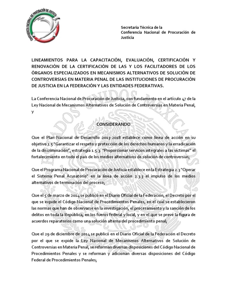 Lineamientos Certificacion Facilitadores MASC | PDF | Procedimiento Criminal | Derecho penal