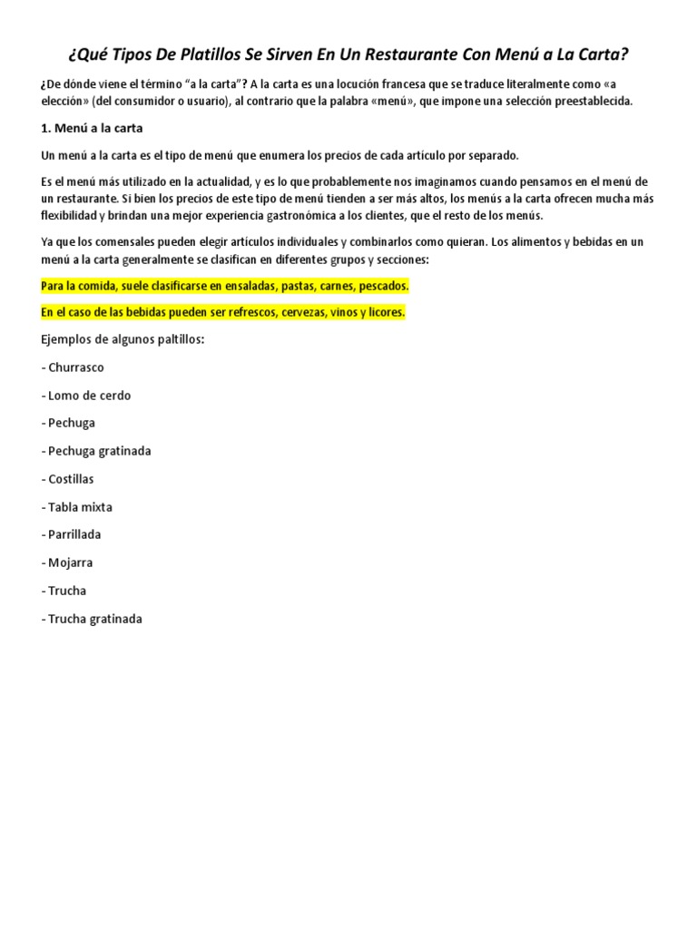 Tipos de Platos en Menú a la Carta | PDF | Menú | Artes culinarias