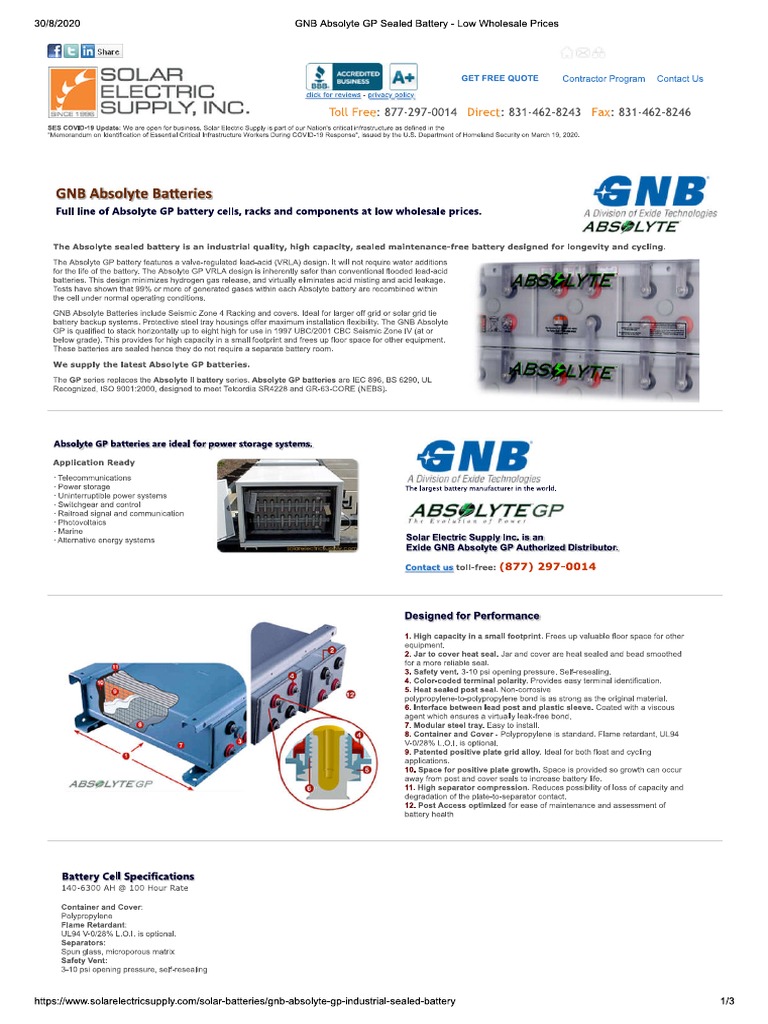 GNB Absolyte GP Sealed Battery - Low Wholesale Prices | PDF