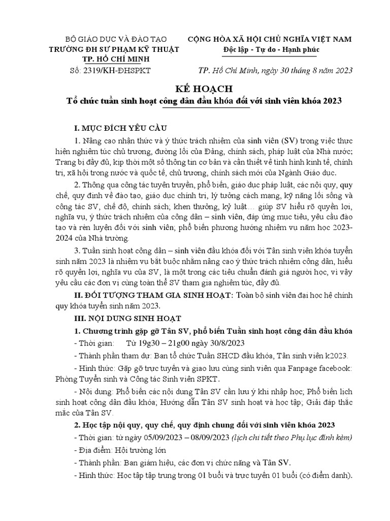 KH Sinh Hoat Dau Nam Hoc 2023-2024 - Khoa2023 | PDF