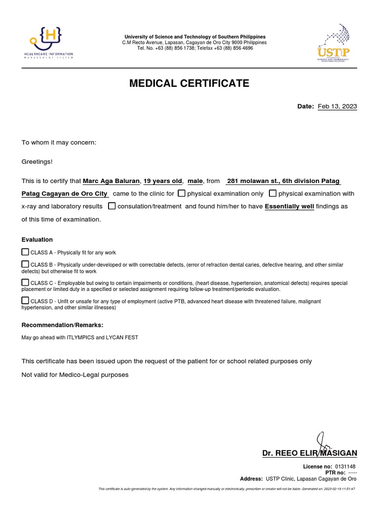 Med - Cert | PDF | Physical Examination | Social Programs