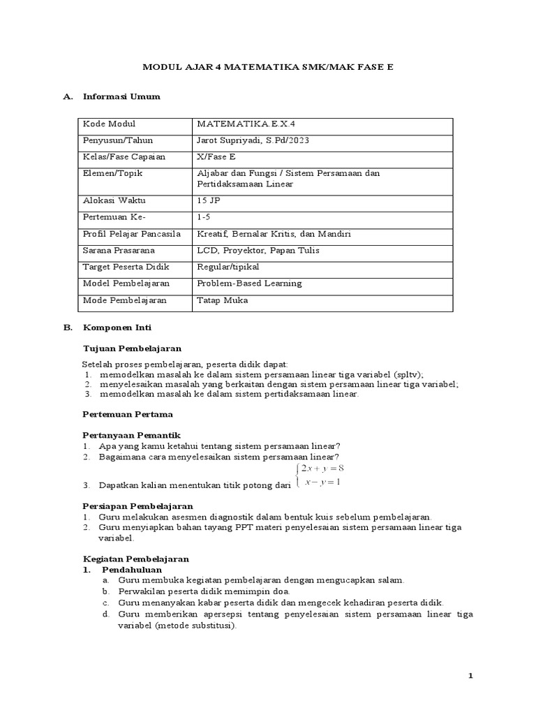 Modul Ajar 4 Matematika Sma Fase e | PDF | Metode & Bahan Ajar