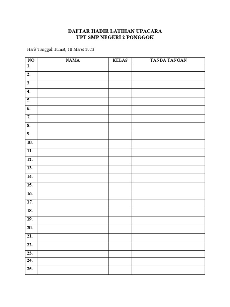 Daftar Hadir Latihan Upacara | PDF