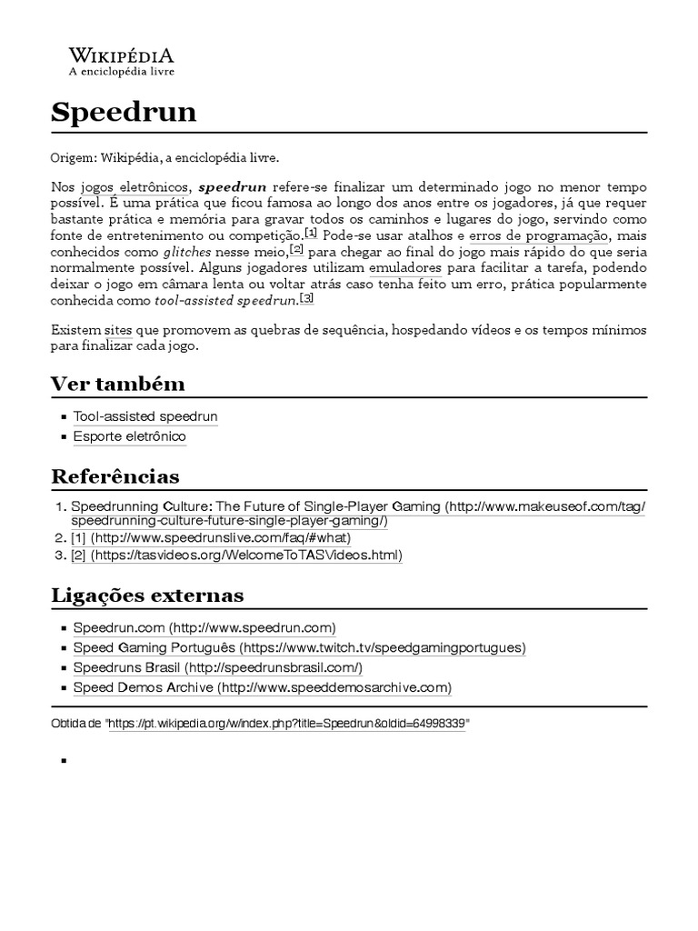 Speedrun - Wikipédia, A Enciclopédia Livre | PDF
