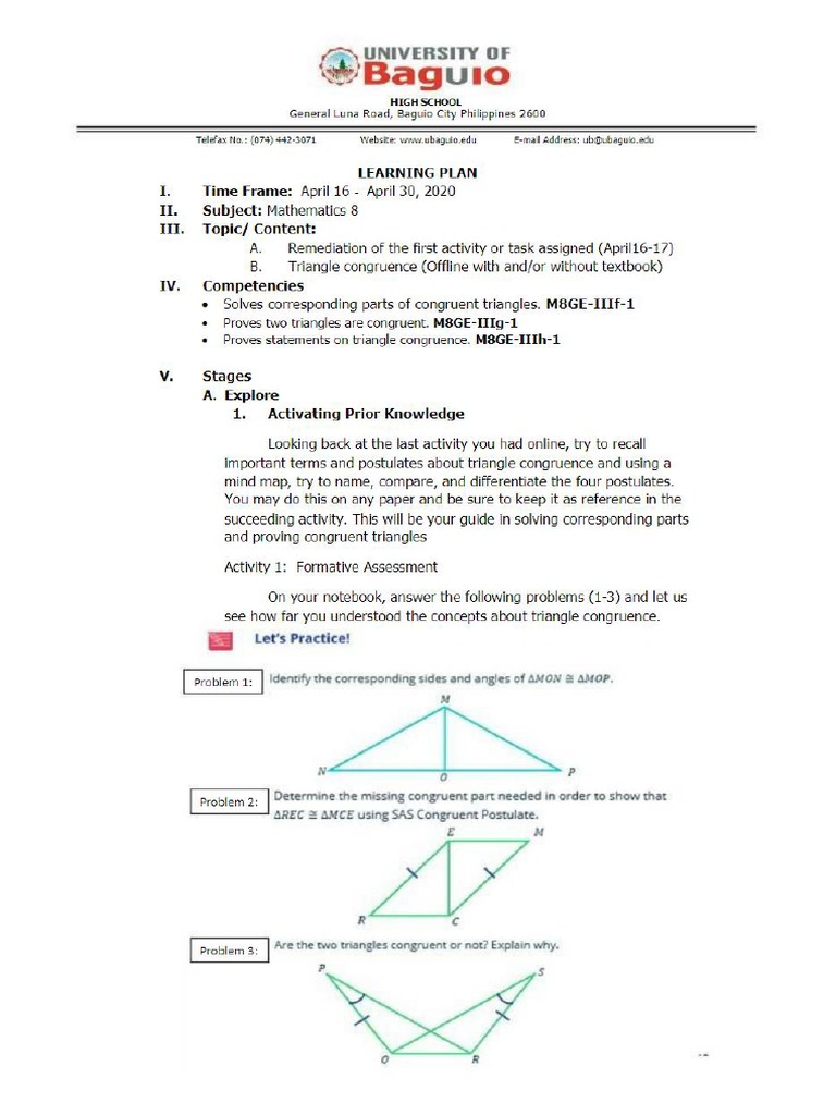 Math 8 4thQ LP On Triangle Congruence | PDF