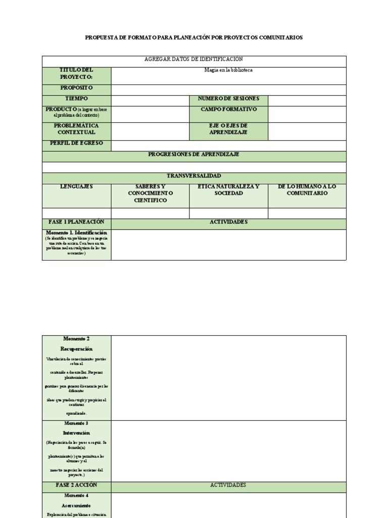 Propuesta de Formato para Planeación Por Proyectos Comunitarios | PDF | Aprendizaje | Planificación